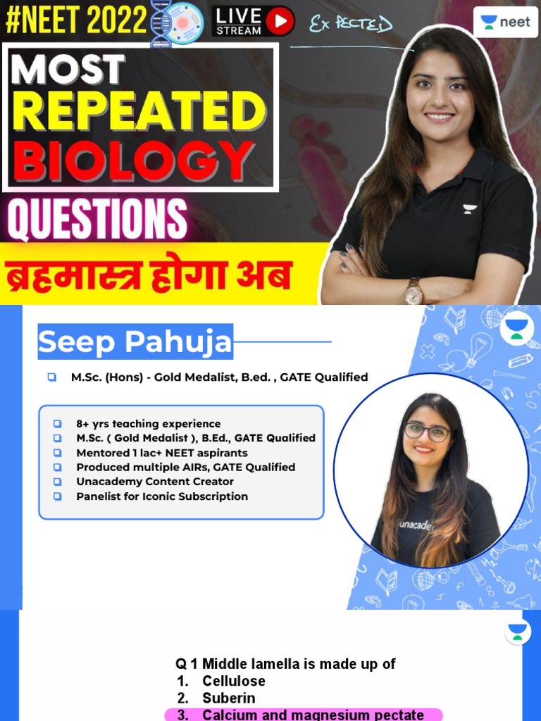 NEET 2022 Most Repeated Questions & Most Expected Ques | PDF | Meiosis | Endoplasmic Reticulum