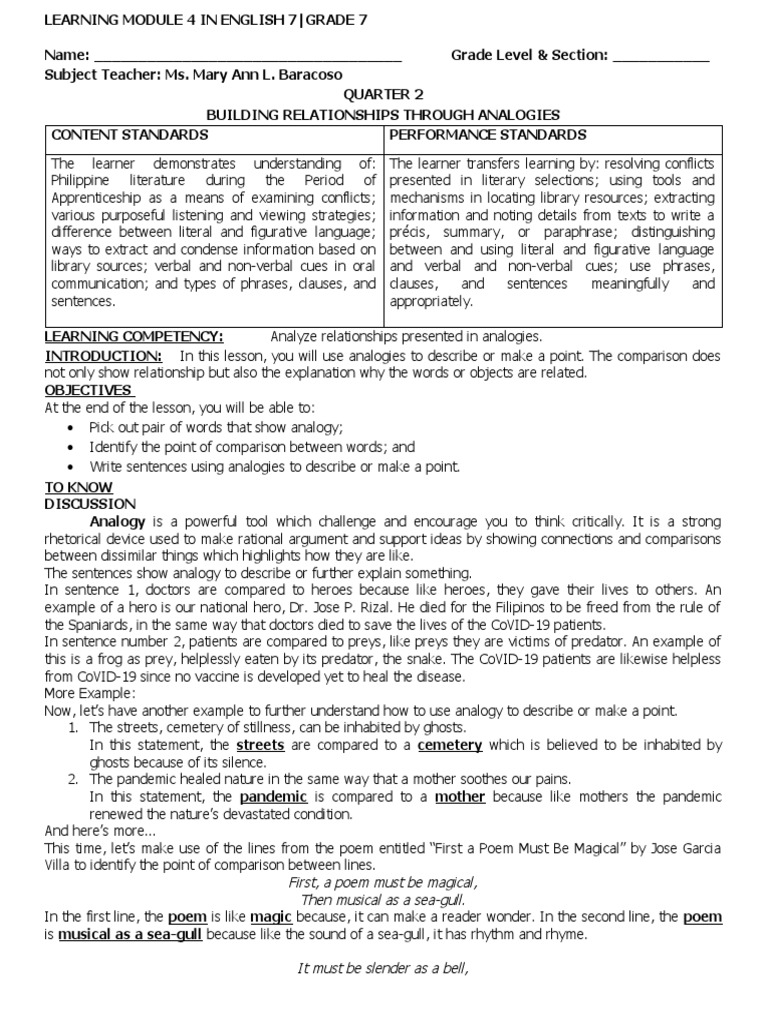 Grade 7 - Q2 Weeks 7-8 | PDF | Analogy | Chart