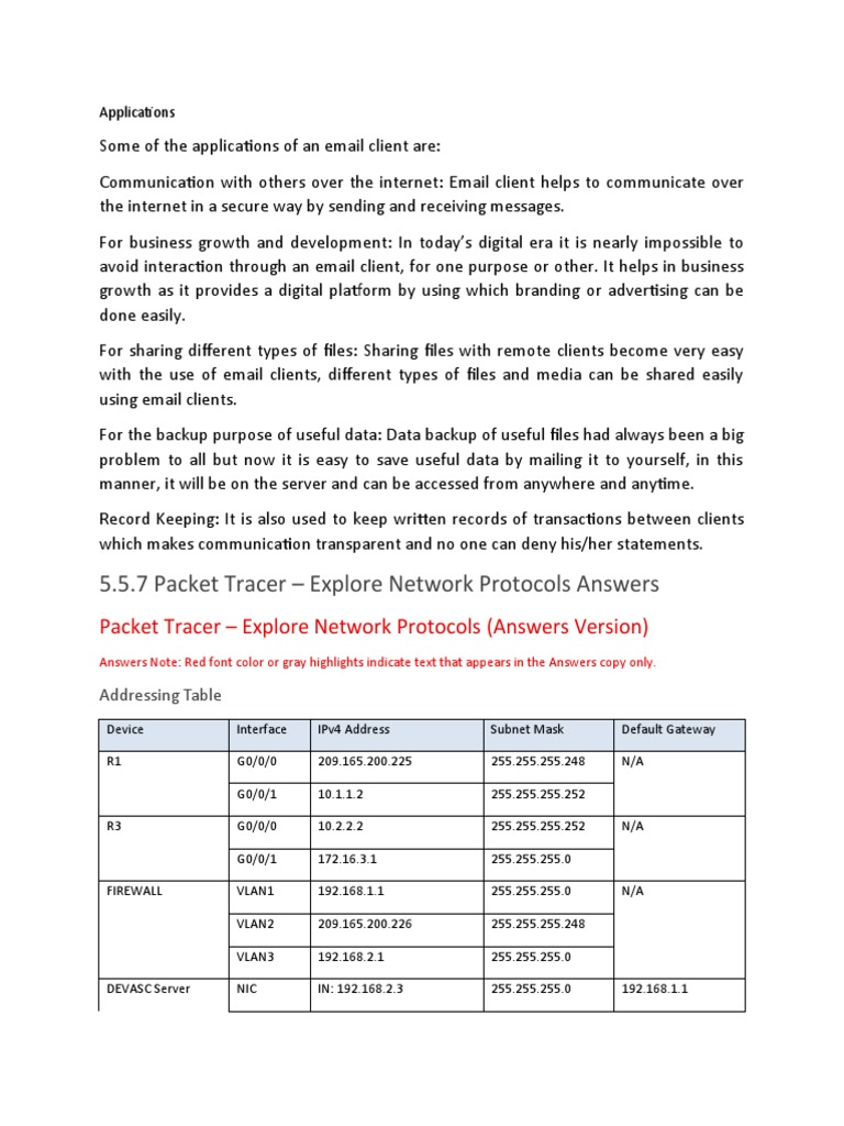 Packet Tracer - Explore Network Protocols (Answers Version) | PDF | Ip Address | File Transfer ...