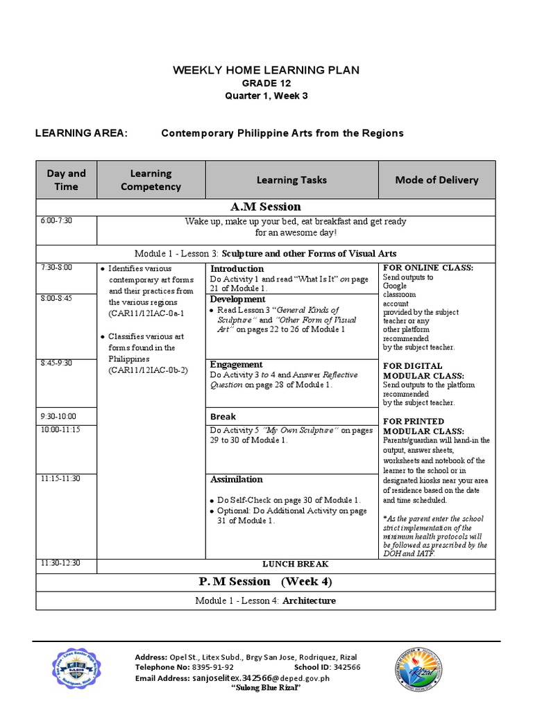 A.M Session: Weekly Home Learning Plan | PDF | Teachers | Learning