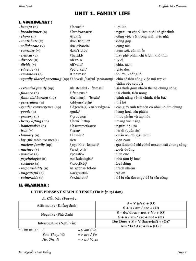 Tu Vung Ngu Phap Bai Tap HK1 L P 10 | PDF