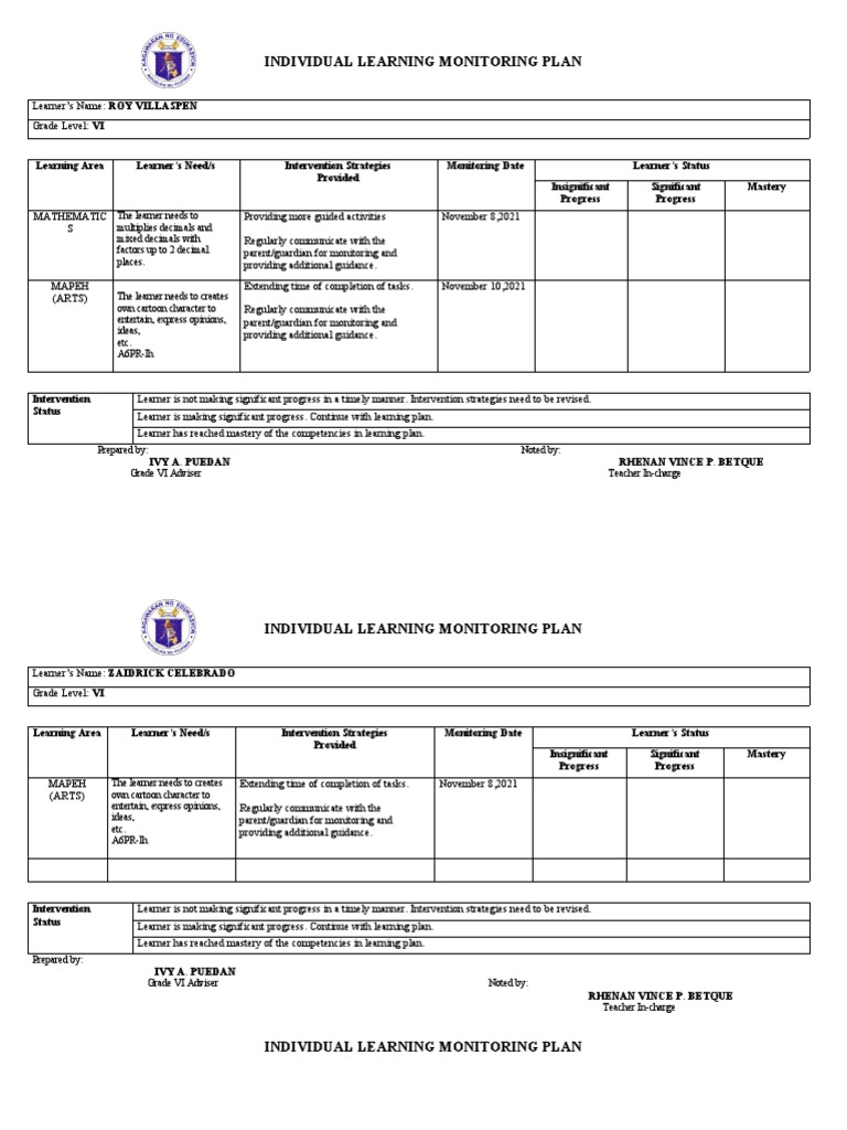 Individual Learning Monitoring Plan Template | PDF | Learning ...