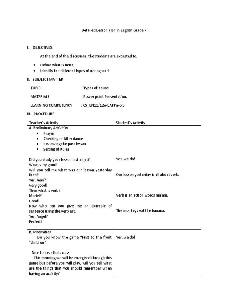 Detailed Lesson Plan in English Grade 7 | PDF | Noun | Verb