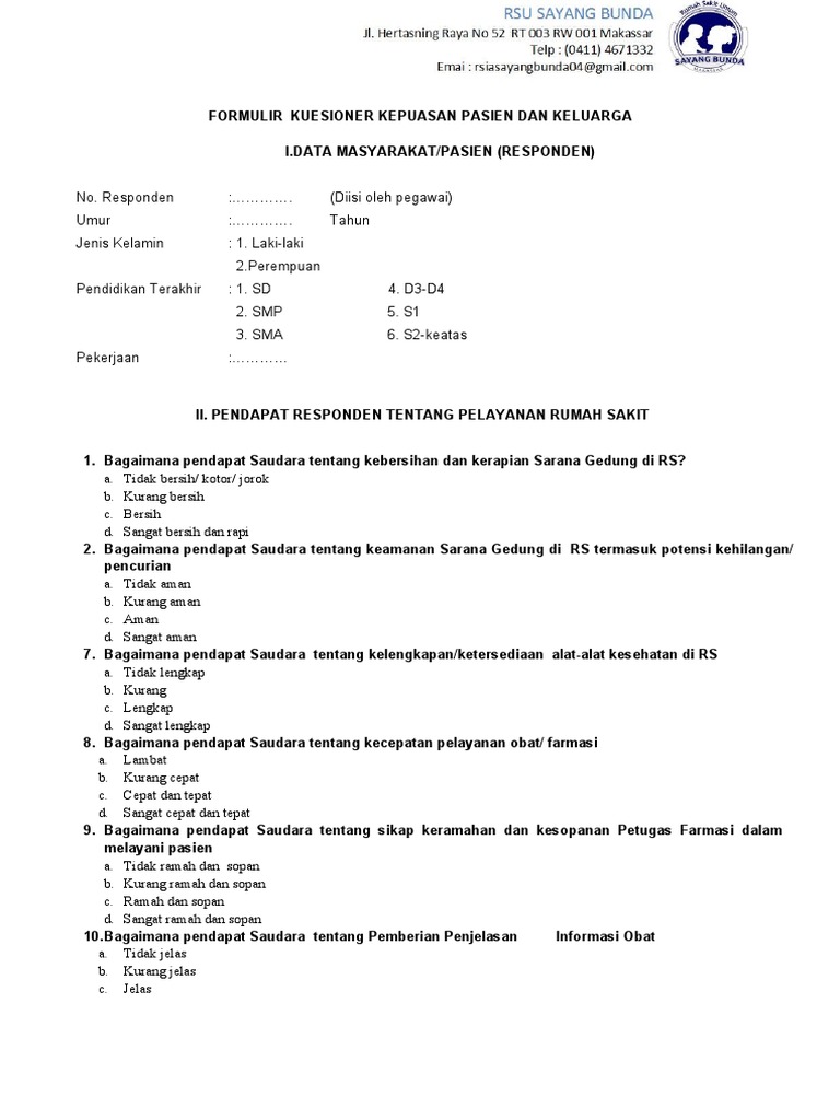 Formulir Kuesioner Kepuasan Pasien Dan Keluarga | PDF | Karier & Perkembangan