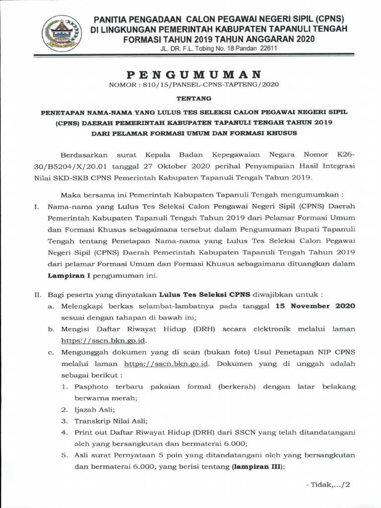 Pengumuman Lulus Dan Syarat Pemberkasan CPNS 2019 | PDF