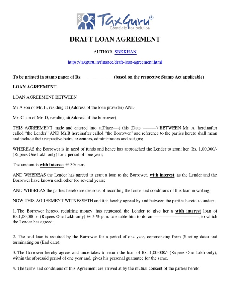 Draft Loan Agreement - Taxguru - in | PDF | Loans | Interest