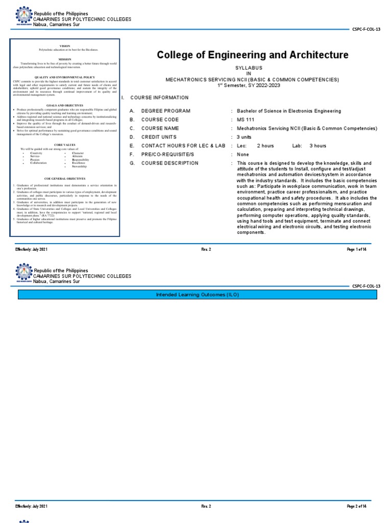 CSPC Mechatronics Syllabus | PDF | Engineering | Occupational Safety And Health