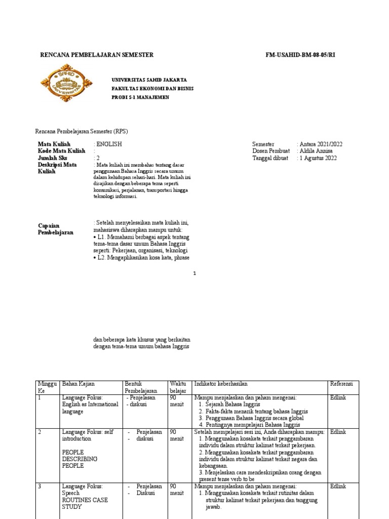 RPS ENGLISH Manajemen Semester Antara | PDF | Seni & Disiplin Bahasa