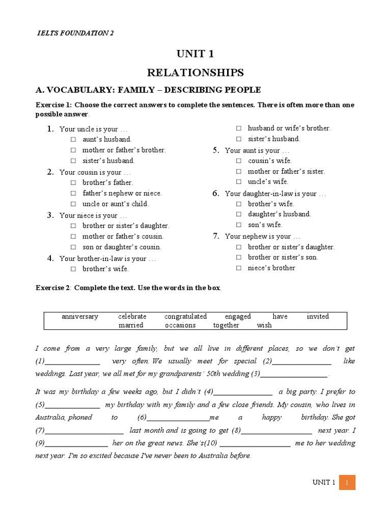 Unit 1 Relationships: A. Vocabulary: Family - Describing People | PDF ...
