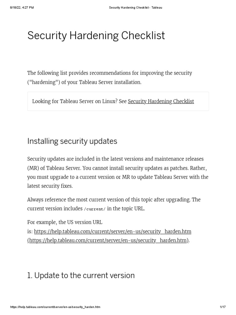 Security Hardening Checklist - Tableau | PDF | Transport Layer Security | Hypertext Transfer ...