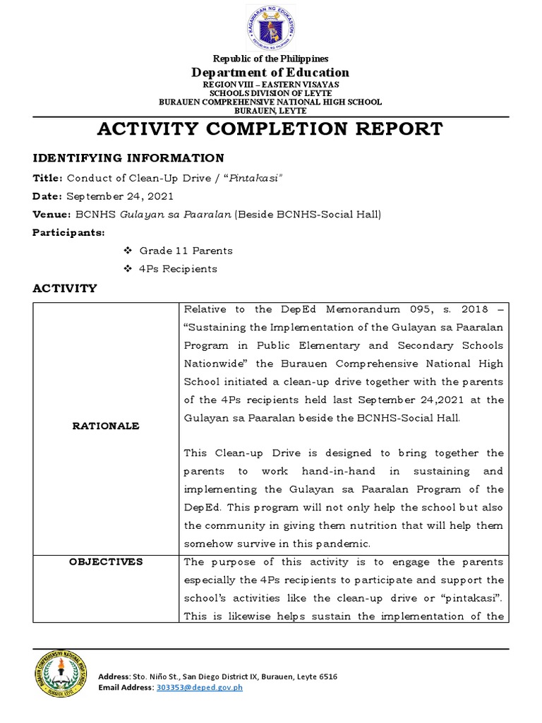 Activity Completion Report: Department of Education | PDF