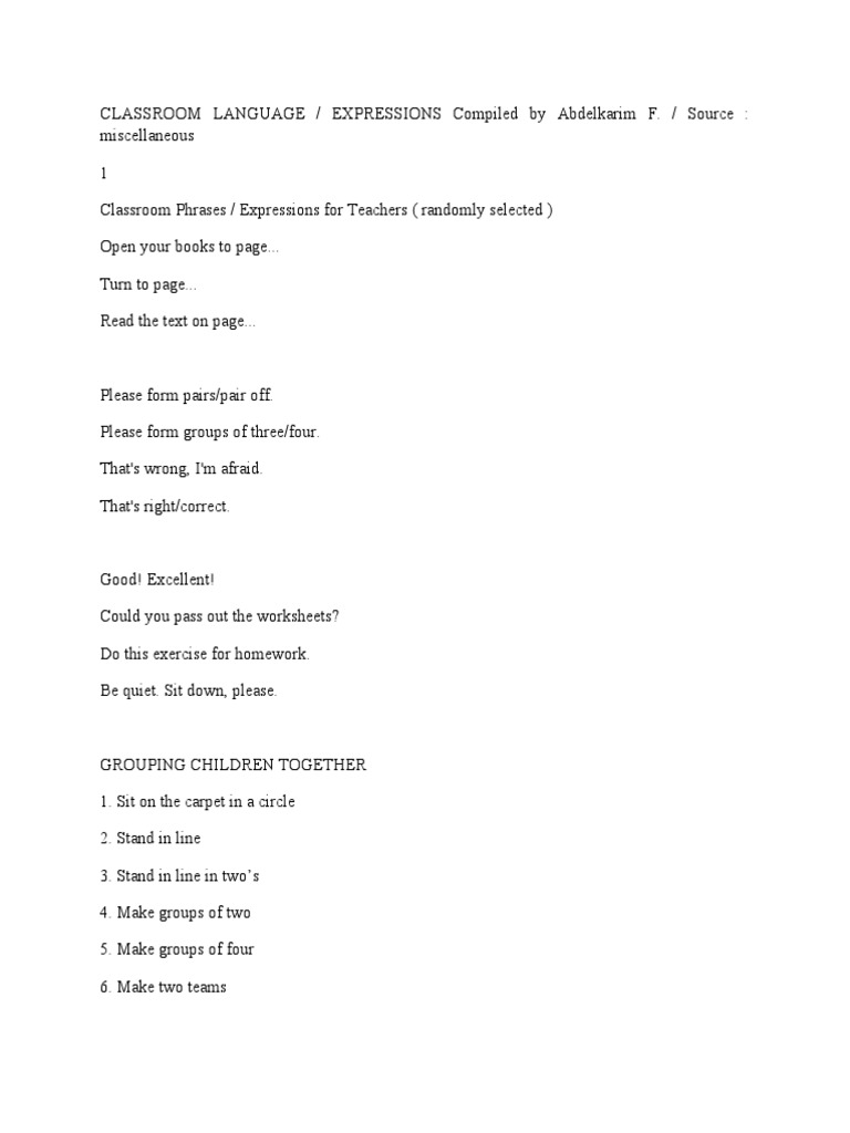 Classroom Language | PDF | Teachers | English As A Second Or Foreign ...