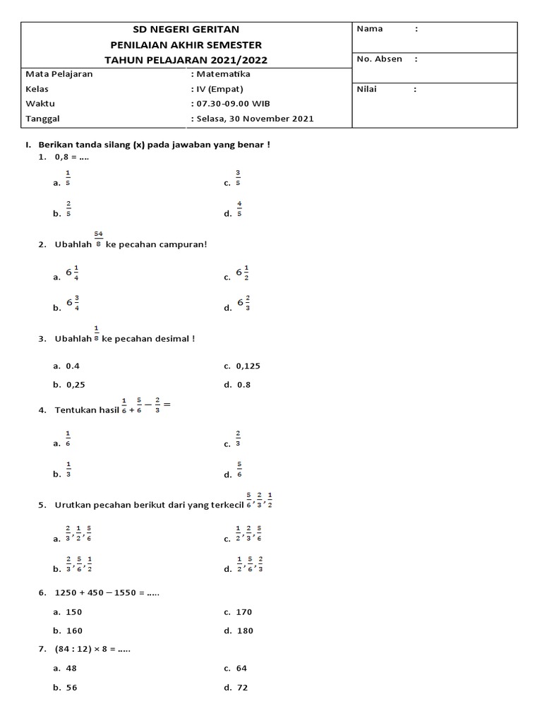 Soal Pas MTK Kelas 4 | PDF