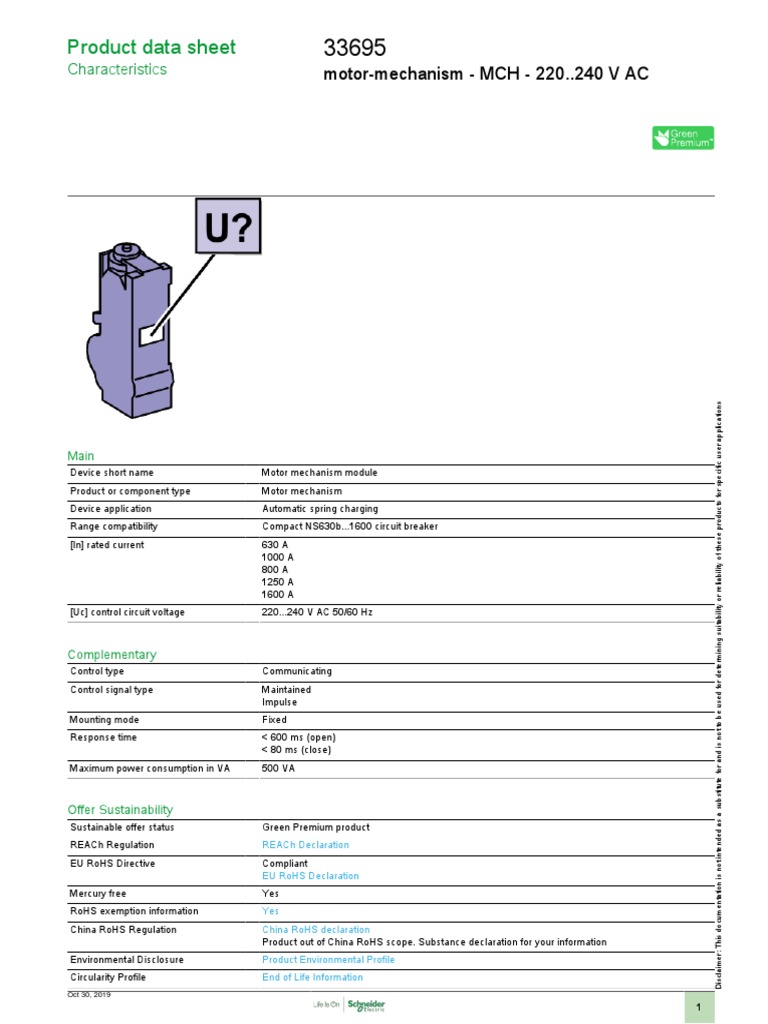 Product Data Sheet: Motor-Mechanism - MCH - 220..240 V AC | PDF