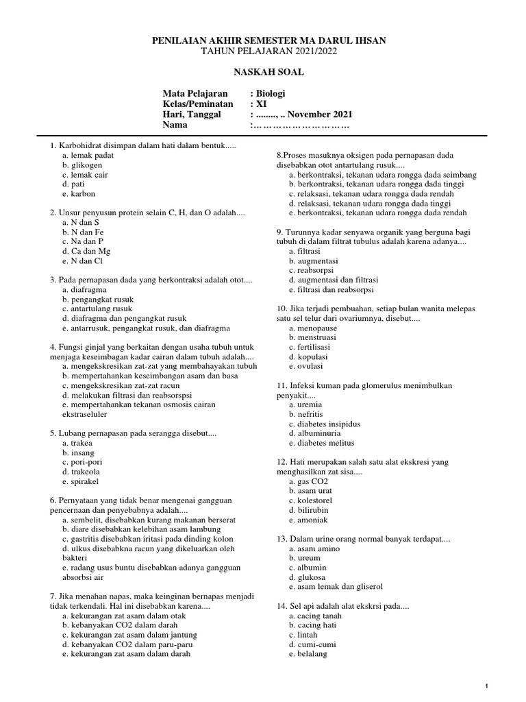 Soal Biologi Kelas XI Semester Akhir | PDF