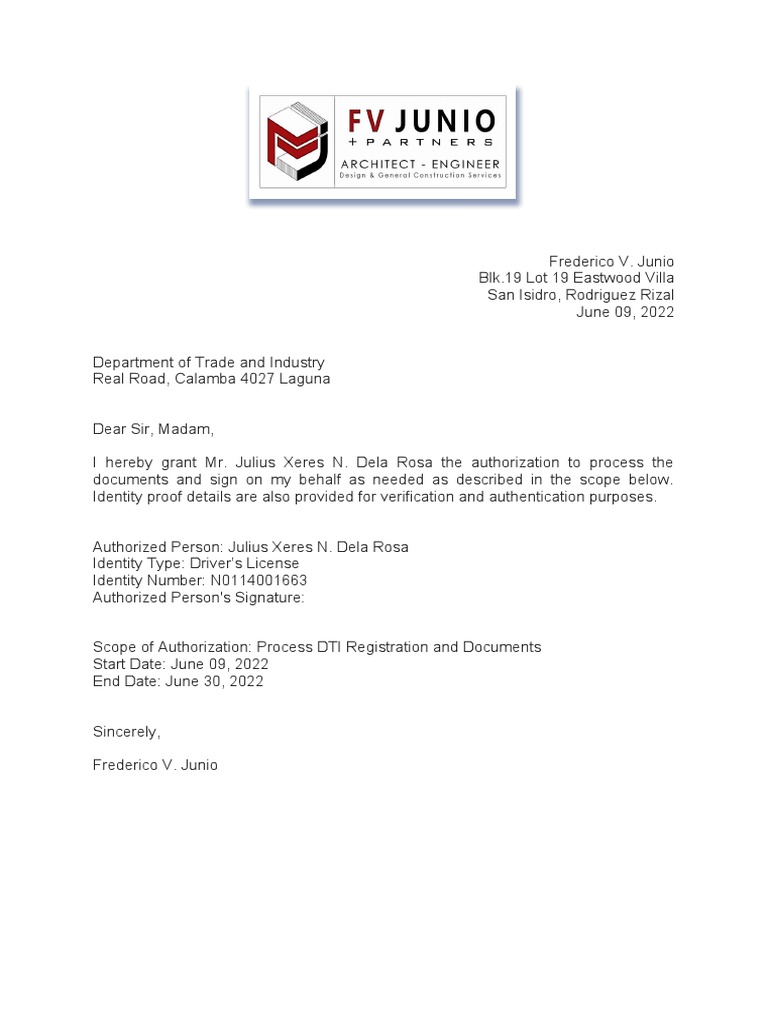 Authorization Letter For DTI Laguna | PDF