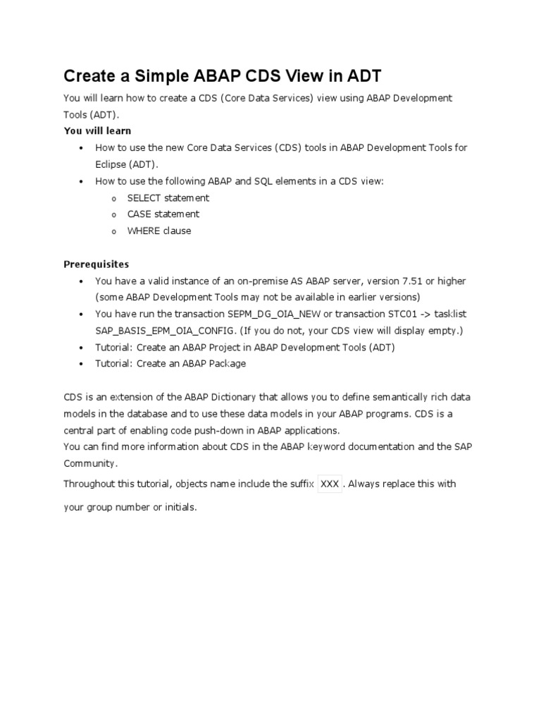Create A Simple Abap Cds View In Adt Pdf Parameter Computer Programming Method Computer 4569