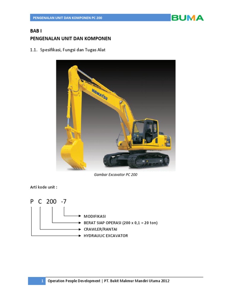 Spesifikasi dan Komponen Excavator PC 200 | PDF | Teknologi & Rekayasa