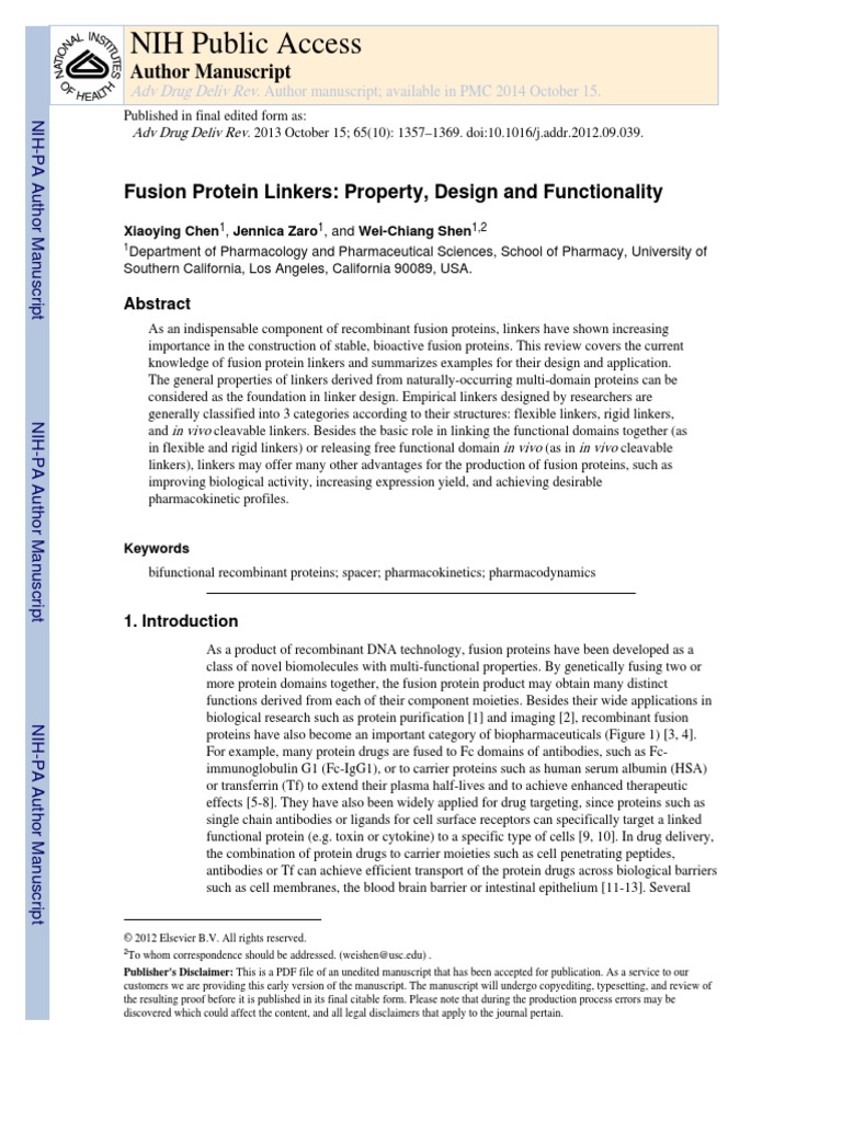 NIH Public Access: Fusion Protein Linkers: Property, Design and ...