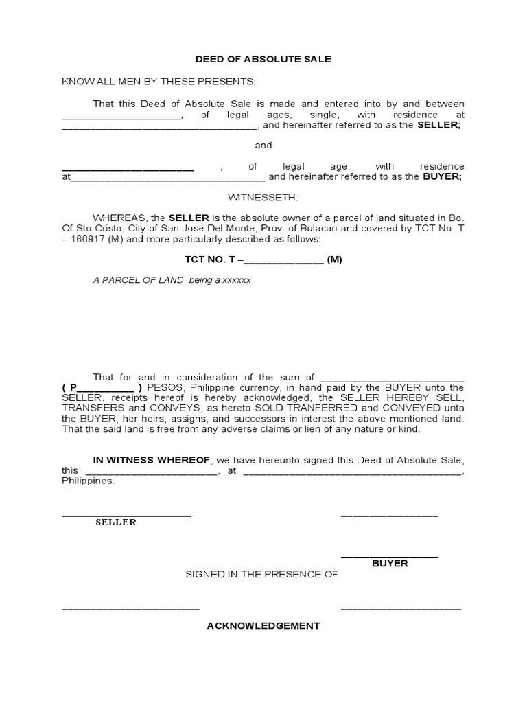 Deed of Absolute Sale Sample | PDF | Real Estate | Civil Law (Legal System)