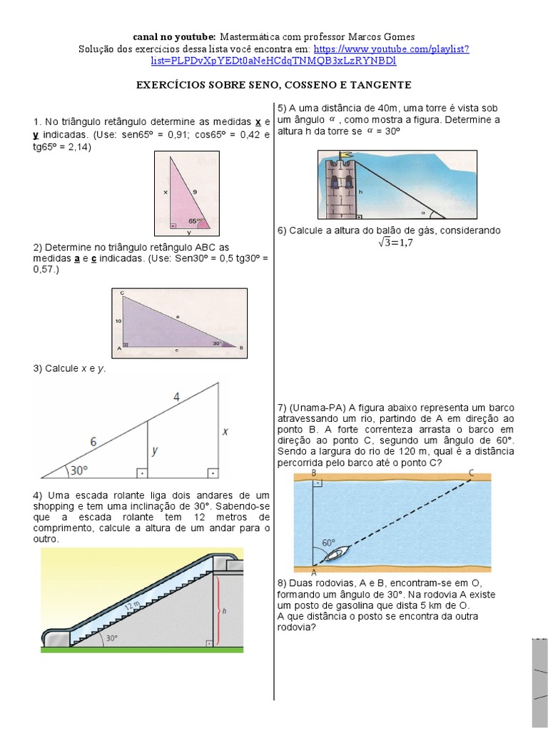 Lista de Exercícios Sobre Seno, Cosseno e Tangente | PDF | Triângulo ... Lista de Exercícios Sobre Seno, Cosseno e Tangente | PDF | Triângulo ...