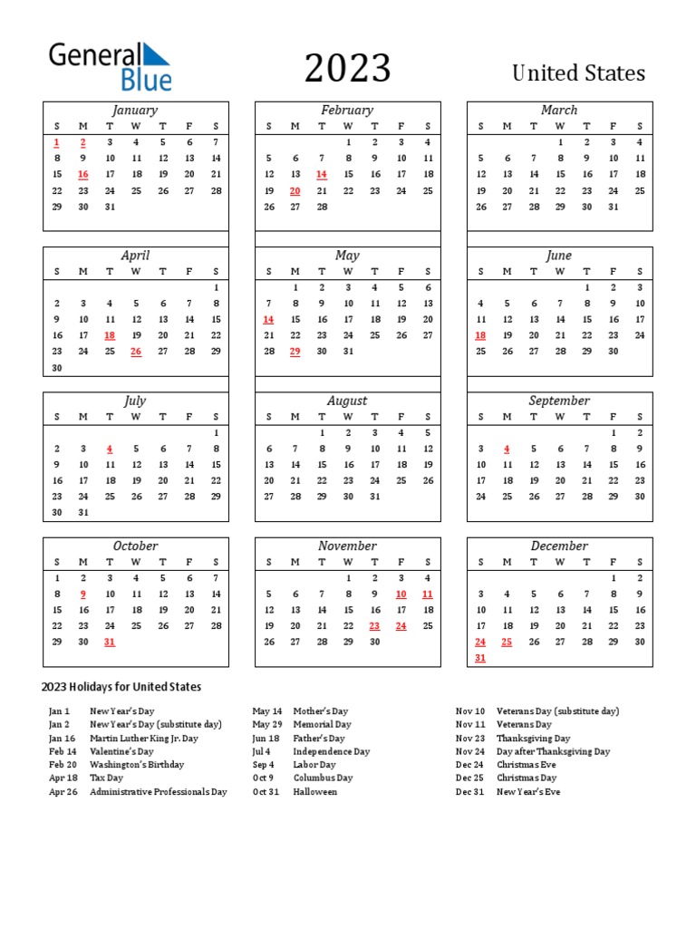 2023 Calendar Streamlined With Holidays Portrait en Us | PDF ...