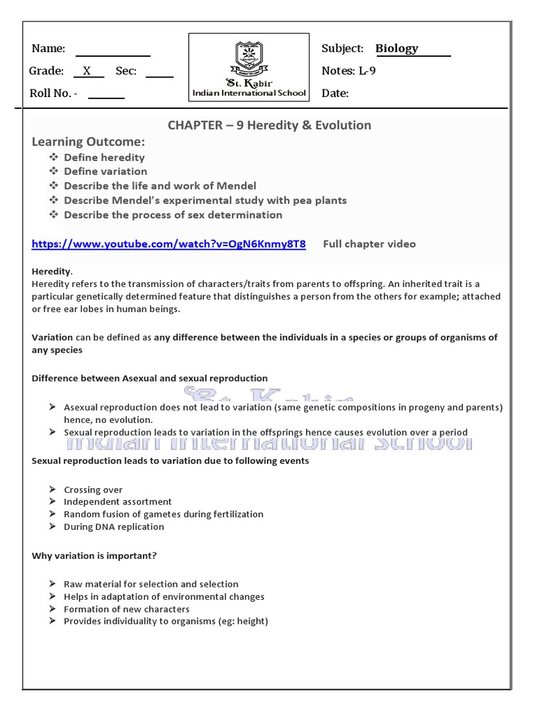 L-9 Heredity & Evolution Notes | PDF | Dominance (Genetics) | Sex