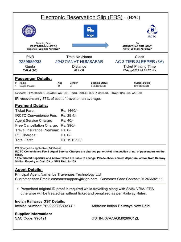 Electronic Reservation Slip (ERS) : 2239589233 22437/anvt Humsafar Ac 3 ...