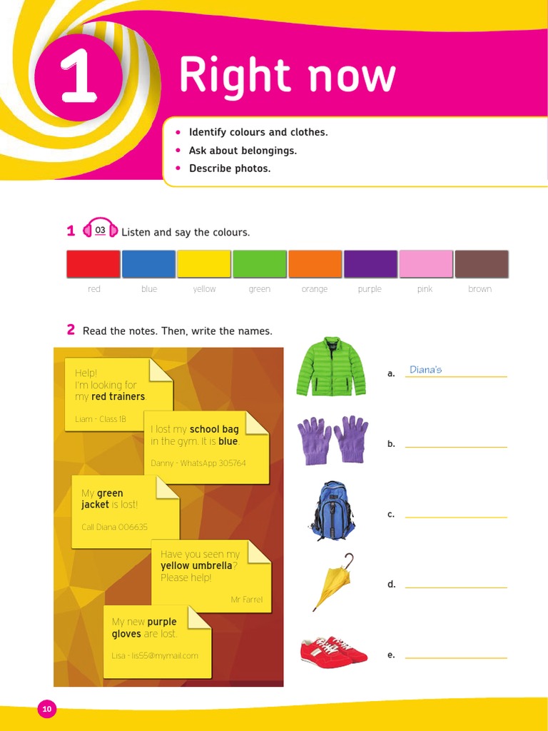 Right Now: Identify Colours and Clothes. Ask About Belongings. Describe Photos | PDF