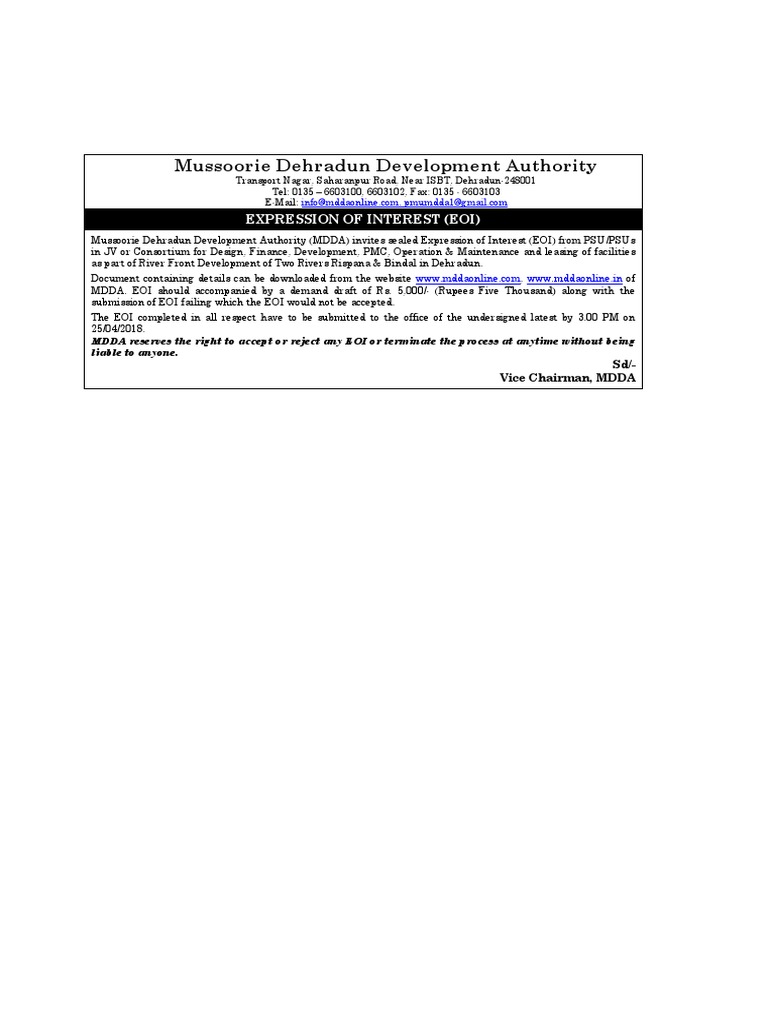Mussoorie Dehradun Development Authority: Expression of Interest (Eoi ...