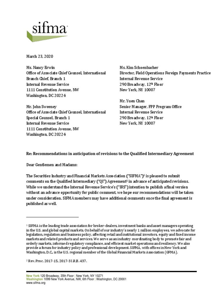 SIFMA Letter On QI Agreement 3-23-20 FINAL | PDF | Internal Revenue ...
