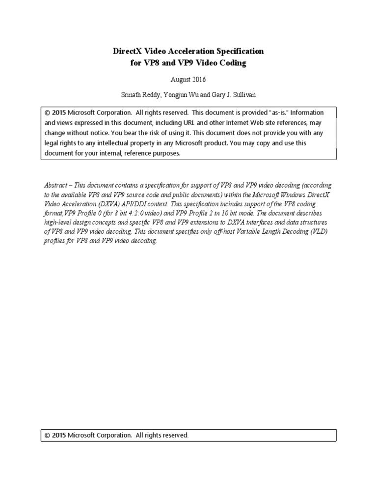 Directx Video Acceleration Specification For Vp8 and Vp9 Video Coding ...
