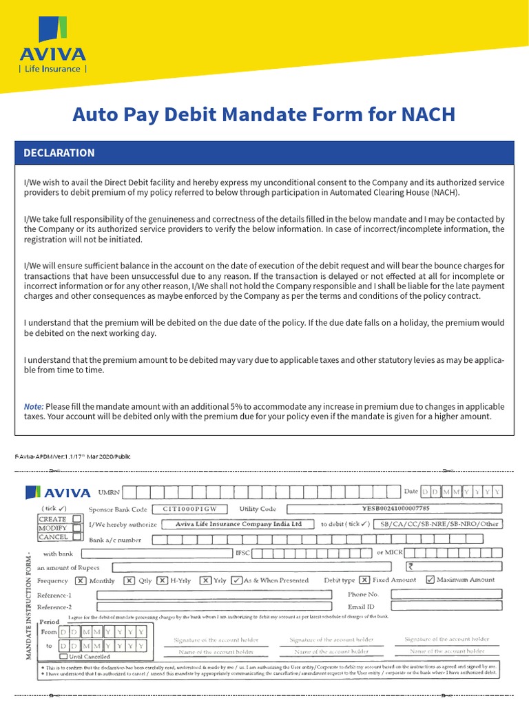 Auto Pay Debit Mandate Form For NACH - Ver 2 | PDF