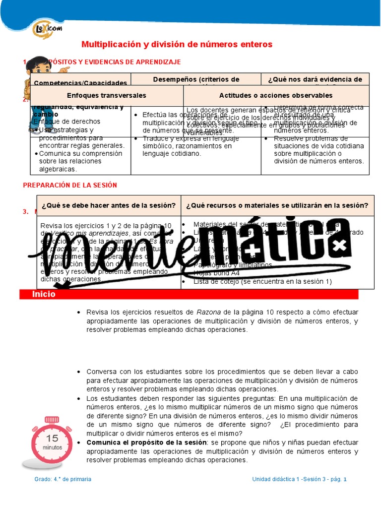 Multiplicación y División de Números Enteros: Inicio | PDF ...