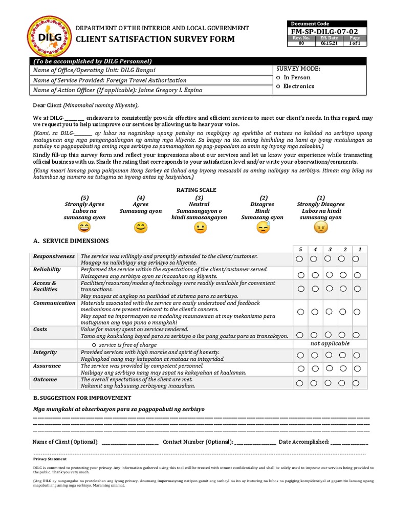 DILG Client Satisfaction Survey Form | PDF | Privacy | Business