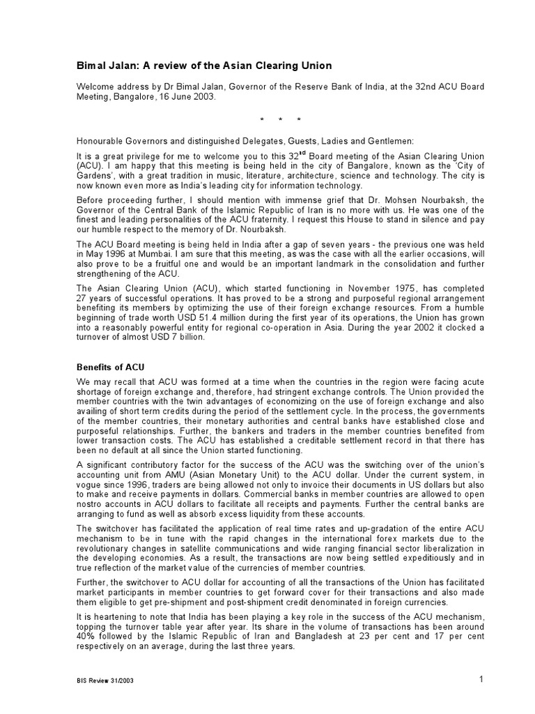 Bimal Jalan: A Review of The Asian Clearing Union | PDF | Foreign ...