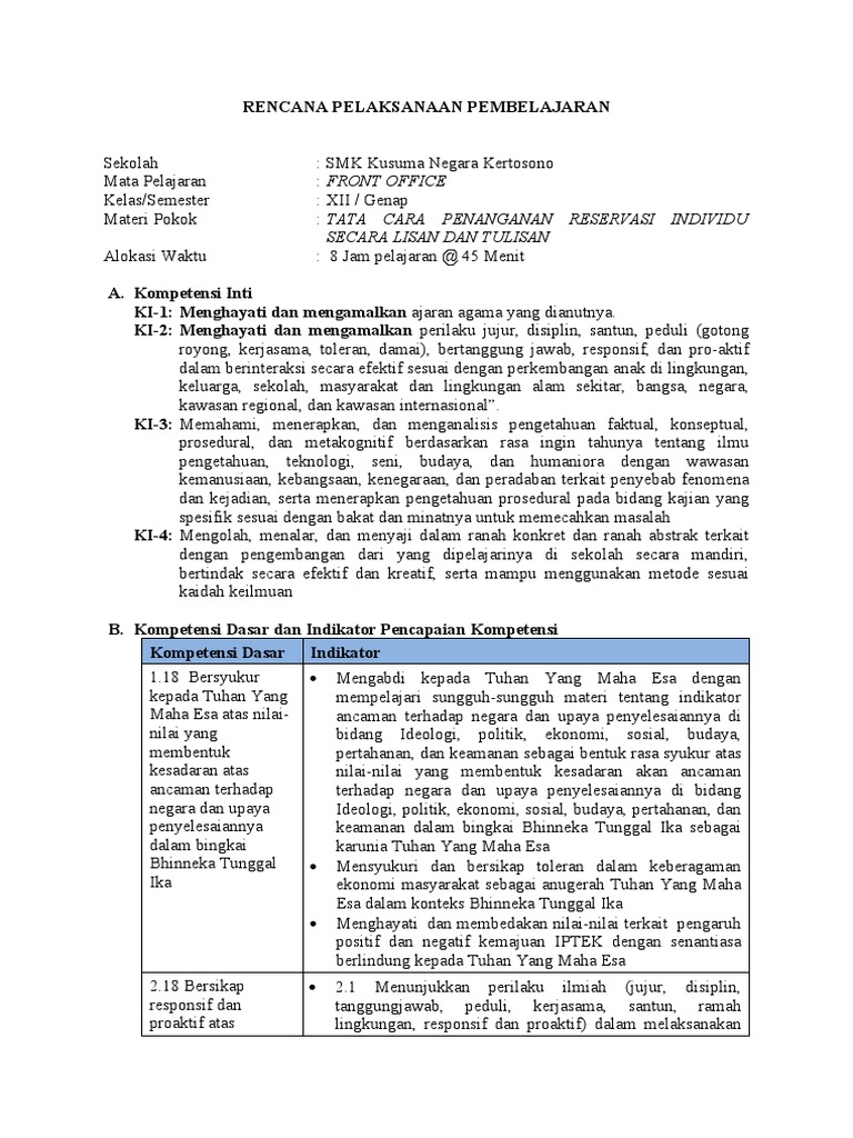 RPP Front Office Kelas Xii Aph | PDF RPP Front Office Kelas Xii Aph | PDF