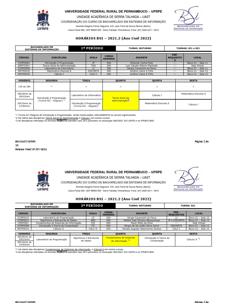 HORARIOS BSI UAST 2021 - 2 - v3 | PDF | Sistema de informação | Diploma ...