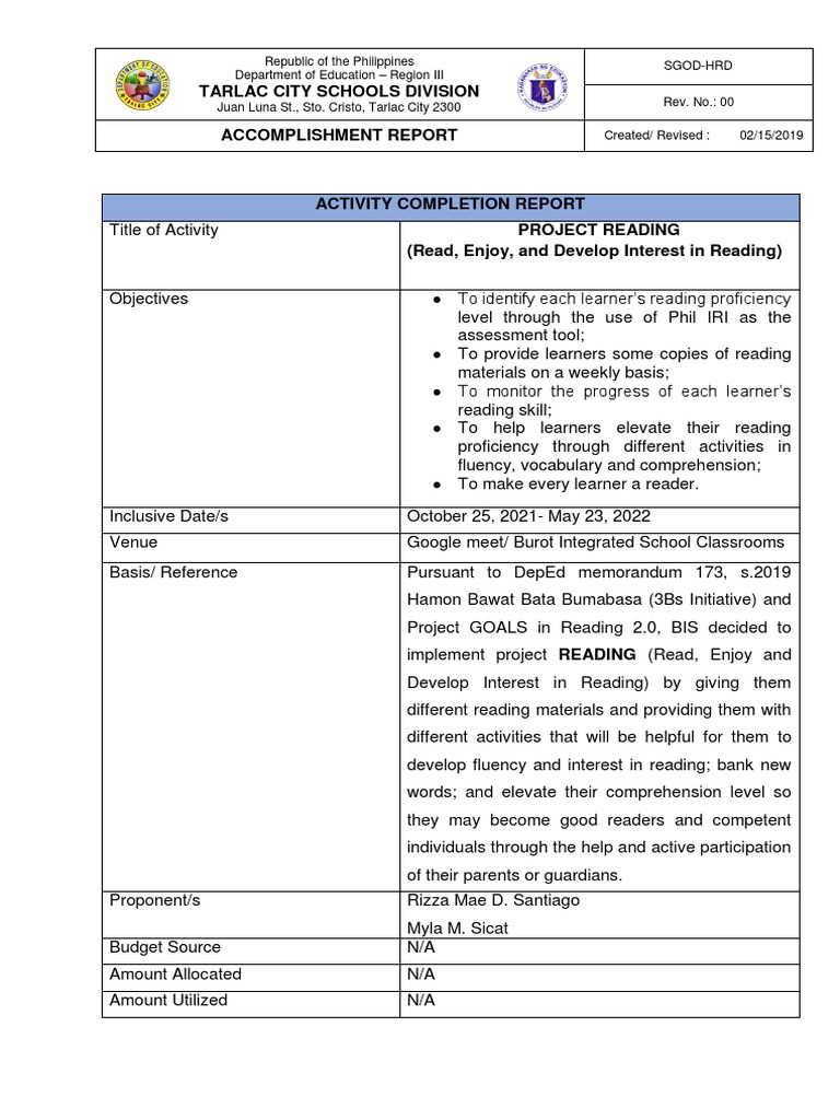 Project Reading Activity Completion Report 2021 2022 | PDF ...