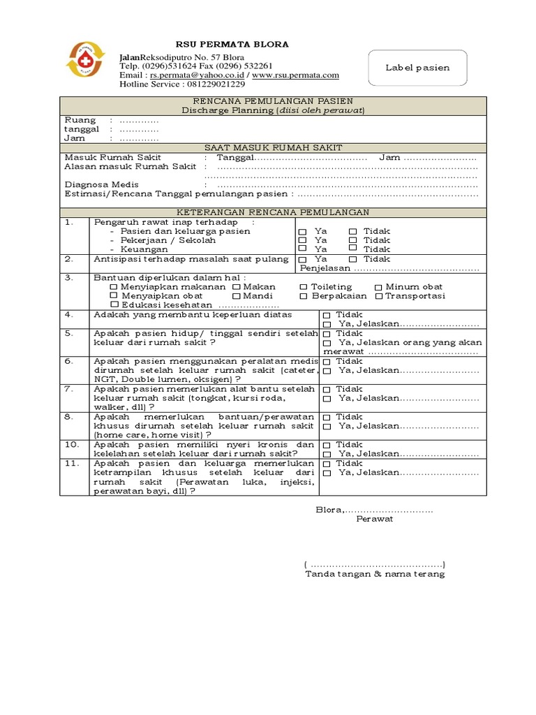 Form Rencana Pemulangan Pasien (Lama) | PDF
