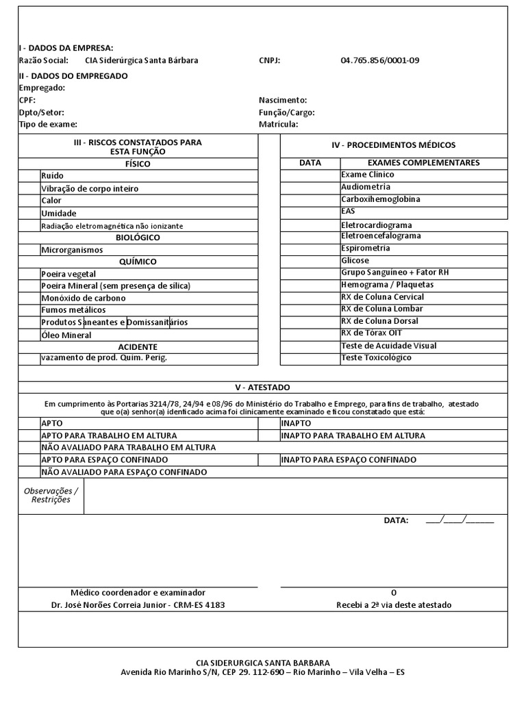 Modelo De Aso Hbs Atestado De Sa De Ocupacional A S O Empresamodelo De ...