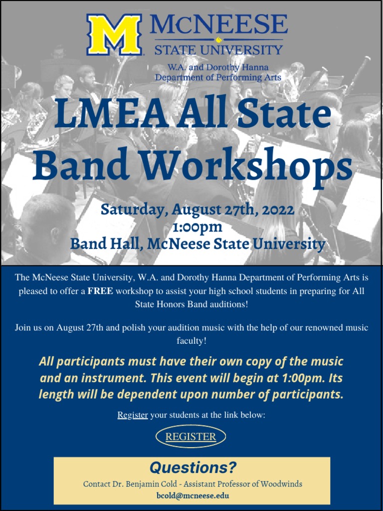 Lmea All State Band Workshops: Saturday, August 27Th, 2022 1:00Pm Band ...