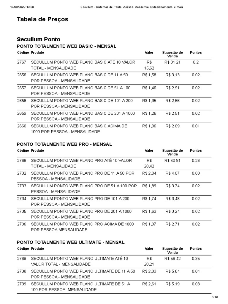 Tabela de Custo Das Licenças Secullum | PDF