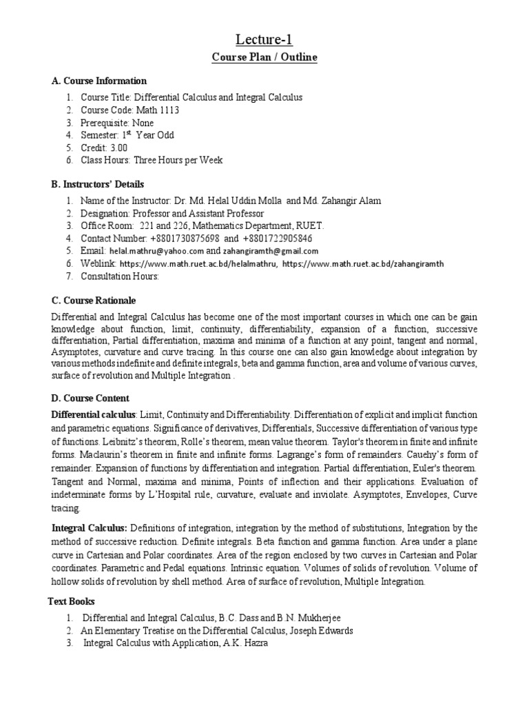 Lecture-1: Course Plan / Outline | Download Free PDF | Differential Calculus | Integral