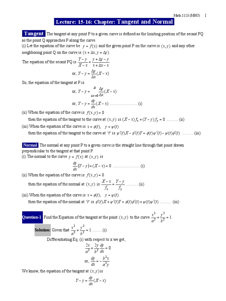 Tangent and Normal | Download Free PDF | Tangent | Equations