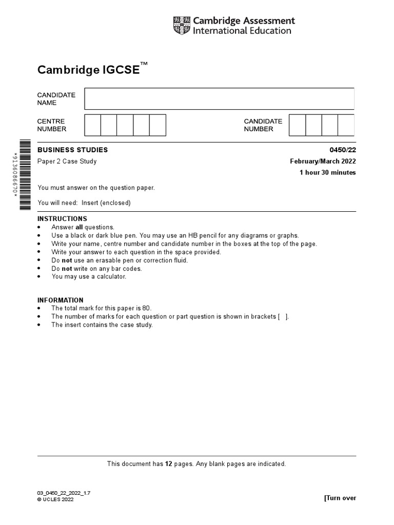 Cambridge IGCSE: 0450/22 Business Studies | PDF | Business