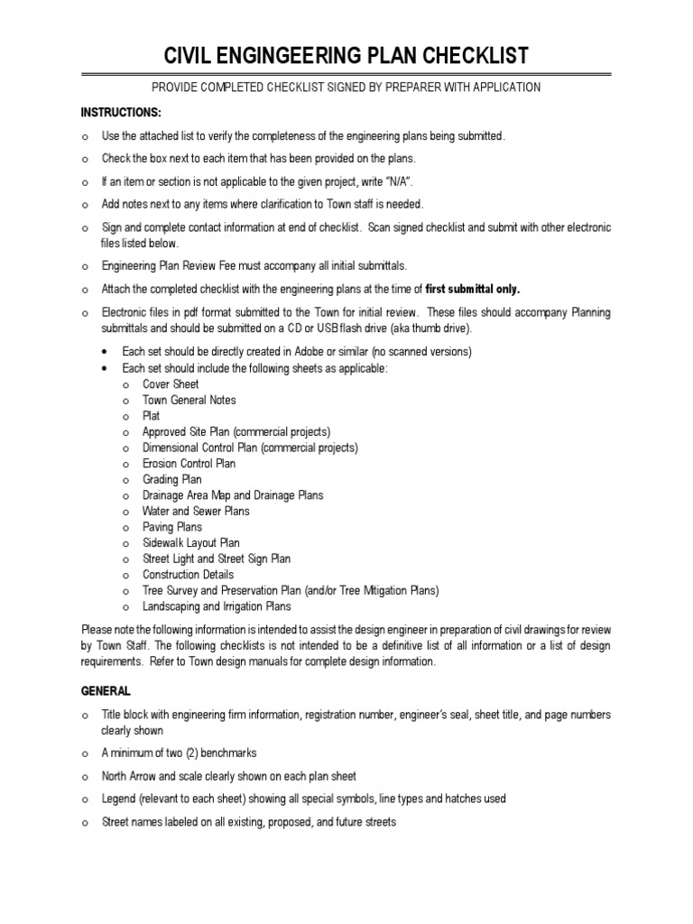 Civil Engingeering Plan Checklist: Instructions | PDF | Contour Line ...