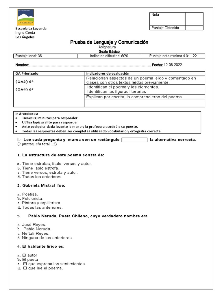 Evaluación Del Poema y Las Figuras Literarias 6° Básico | PDF ...