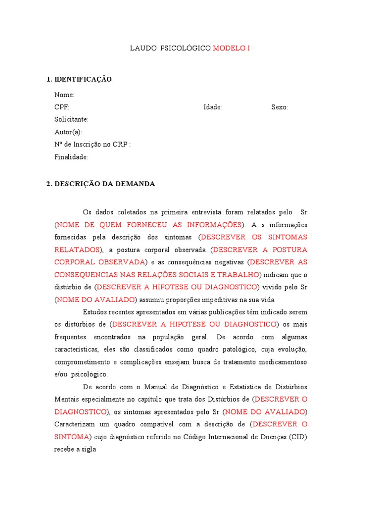 Laudo Psicológico Modelo I | PDF | Psicologia | Psicoterapia