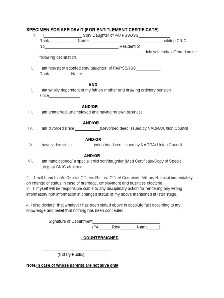 Specimen for Affidavit (for Entitlement Certificate) | PDF
